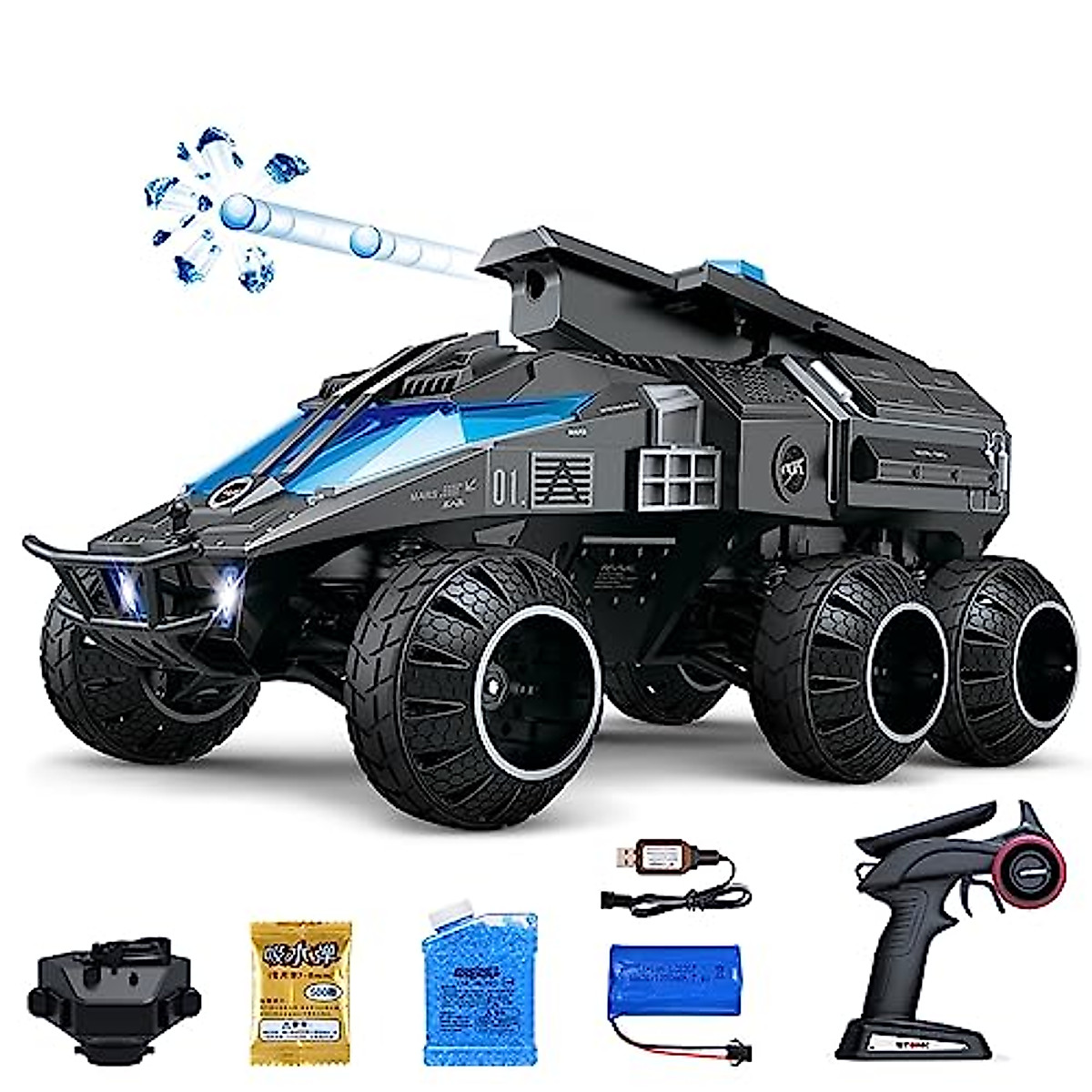 RACENT RC Crawler 1:12 Scale Water Bullet Shooting Remote Control Cars, 6WD All Terrain RC Truck with Colorful Led Lights, Rechargeable Battery, Toy Gift for Boys Girls Kids