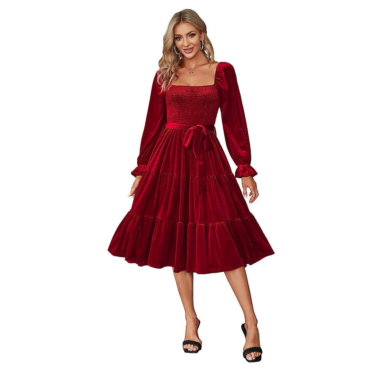Amegoya Women's Fall Wedding Guest Long Sleeve Velvet Dress Elegant Square Neck Semi Formal Party Midi Bridesmaid Dresses (M Red)