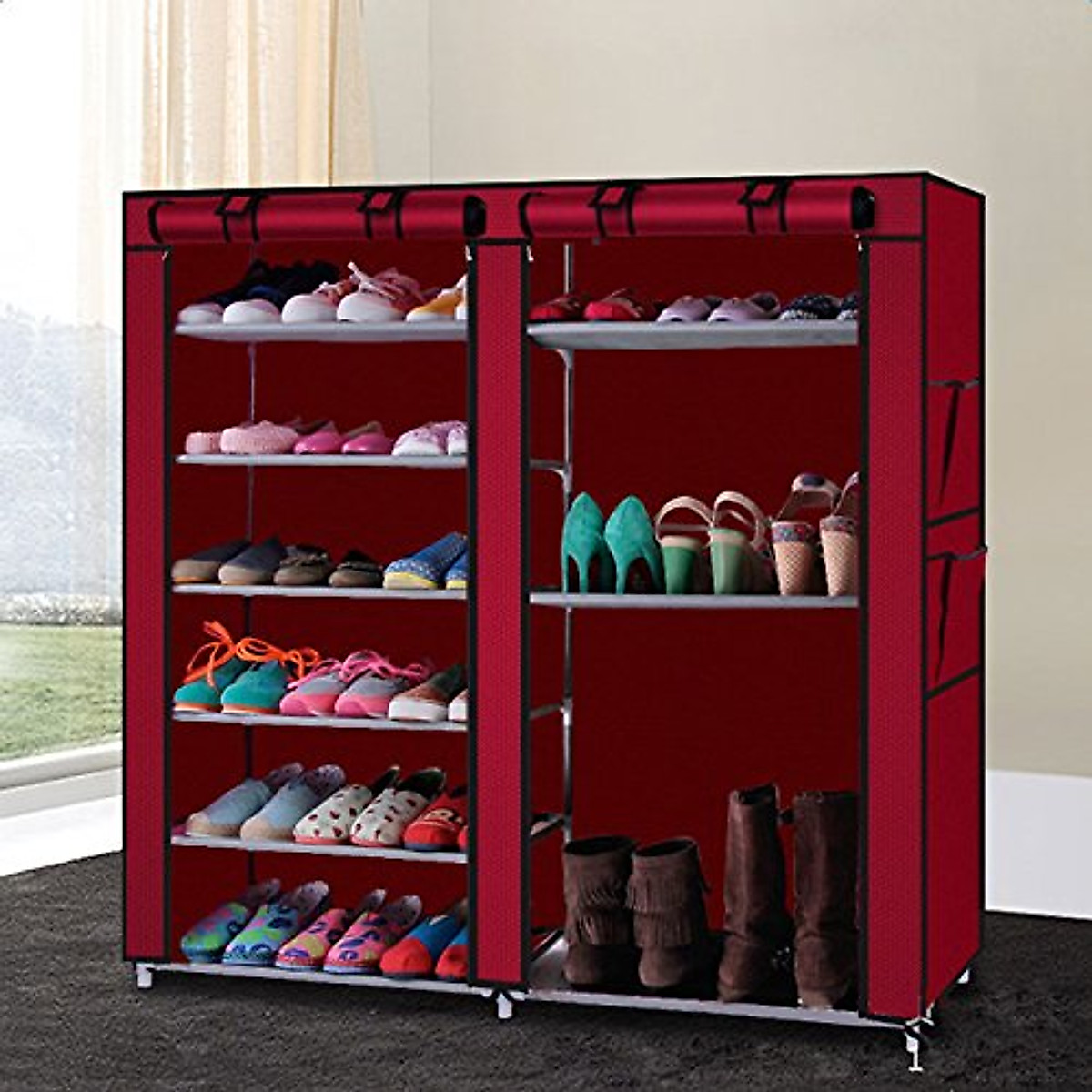 Shoe Rack Storage Organizer, Portable Double Row with Nonwoven Fabric Cover Shoe Rack Cabinet for Closet (Wine Red)