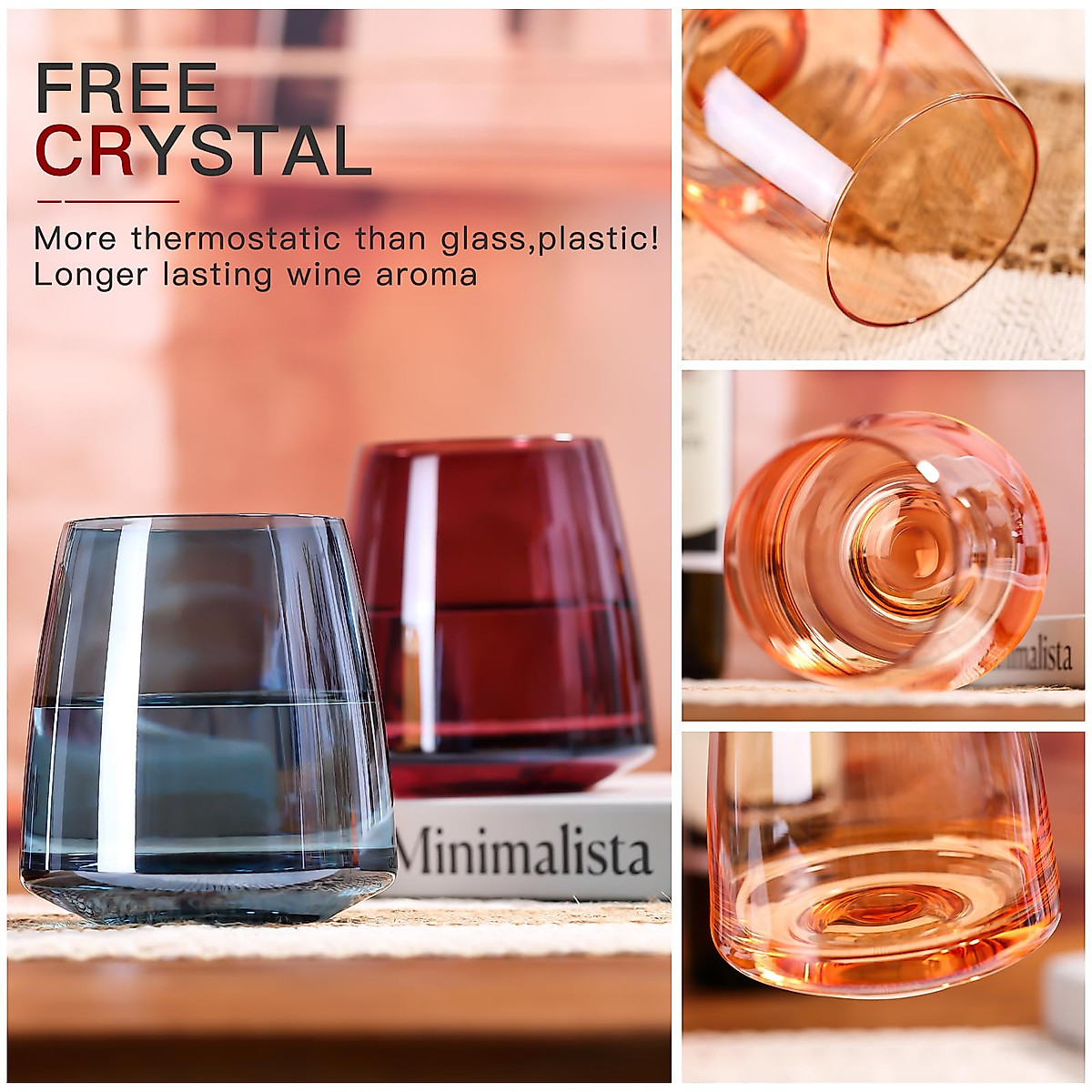 comfit Stemless Colored Wine Glasses Set of 6-15oz Colorful Wine Glasses,Perfect Red Wine Glass Stemware for Wine Lover in Mothers Day Gifts,Party