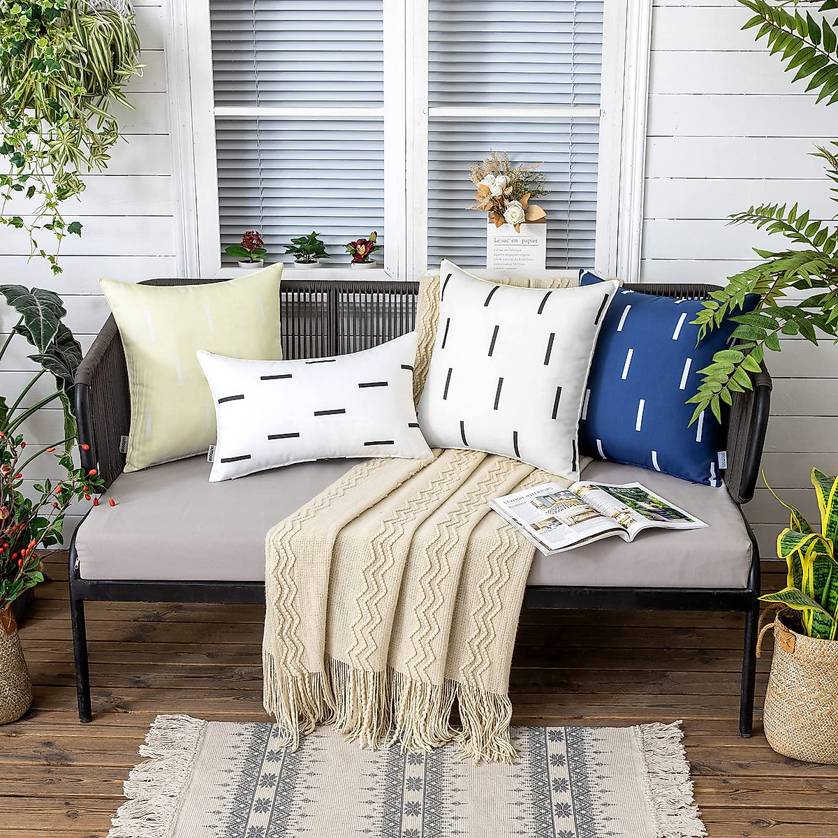 MIULEE Set of 2 Decorative Outdoor Waterproof Throw Pillow Covers Geometric Square Pillowcases Stripes Cushion Case for Patio Garden Couch Tent Sofa Bedroom 20 X 20 Inch Pure White