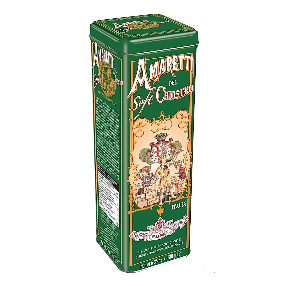 Amaretti del Chiostro Soft Cookies from Italy - Almond Sugar Cookies Individually Wrapped for Freshness - Traditional Italian Delicacies Gourmet Cookies & Gluten Free Snacks (Green Tower Tin, 6.35 oz)
