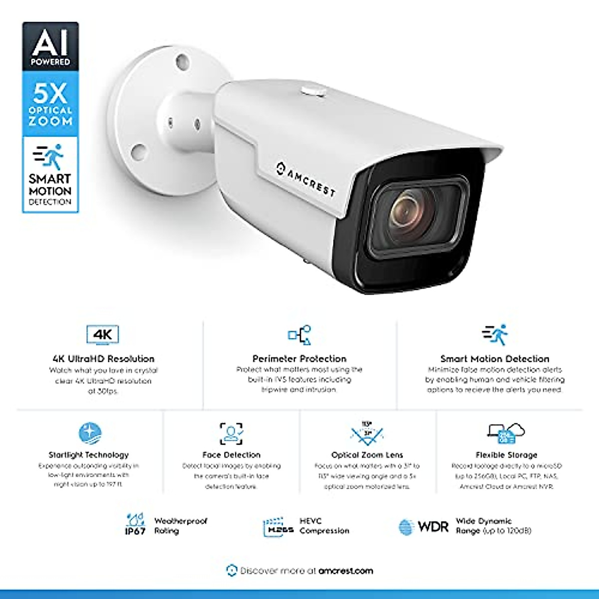 Amcrest 4K Optical Zoom AI IP PoE Camera, Varifocal 8MP Outdoor IP POE Camera Bullet, Face Detection, Human & Vehicle Detection, 2.7mm~13.5mm Lens, IP67, 5X Optical Zoom, (IP8M-VB2896EW-AI)