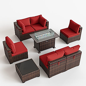 UDPATIO Patio Furniture Sets with Fire Pit Table, Modular Rattan Outdoor Conversation Patio Sectional Furniture Sofa Set for Backyard, Deck w/Coffee Table, 8PC Brown/Red (Include Sofa Cover)