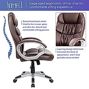 Homall Office Chair High Back Computer Chair Ergonomic Desk Chair, PU Leather Adjustable Height Modern Executive Swivel Task Chair with Padded Armrests and Lumbar Support (Brown)