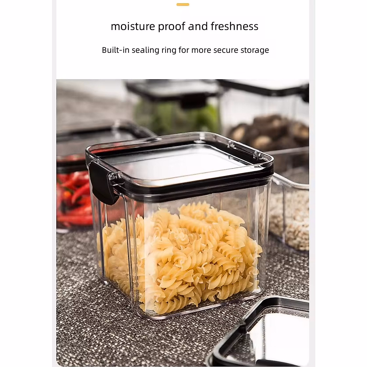 JAGF Airtight Food Storage Container - 5 Pce Set - Seal Stackable Plastic Canister Jar - Clear Plastic - Kitchen Cupboard Pantry Organizer, Spice, Pasta, Snack, Candy, Bean - For gift.