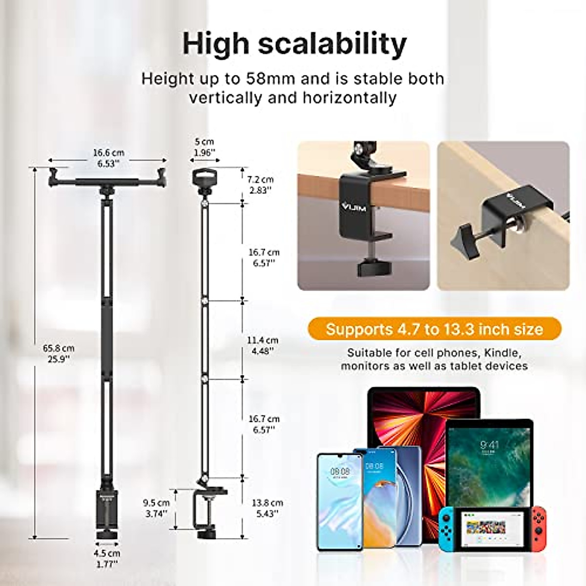VIJIM iPad Tablet Holder for Bed or Desk, Black Metal Adjustable iPad Arm Mount Stand, Overhead Compatible for iPad Air Pro Mini, Surface Pro Stand, iPhone, Android Tablet
