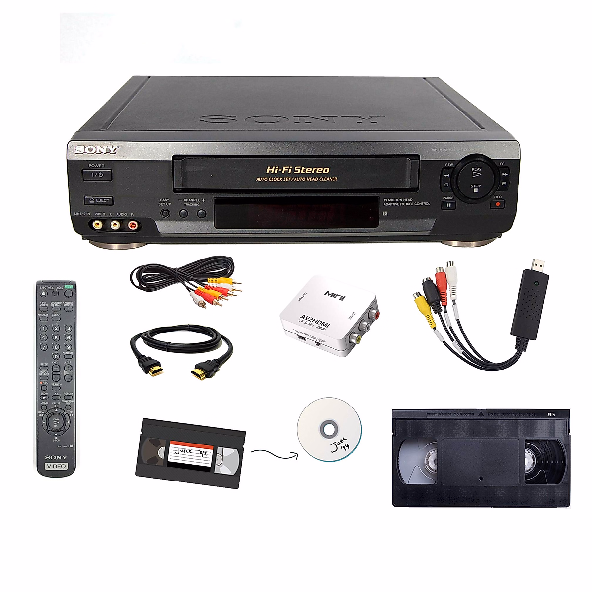 Sony VCR VHS Transfer Bundle w/ Remote, USB Adapter, HDMI Converter