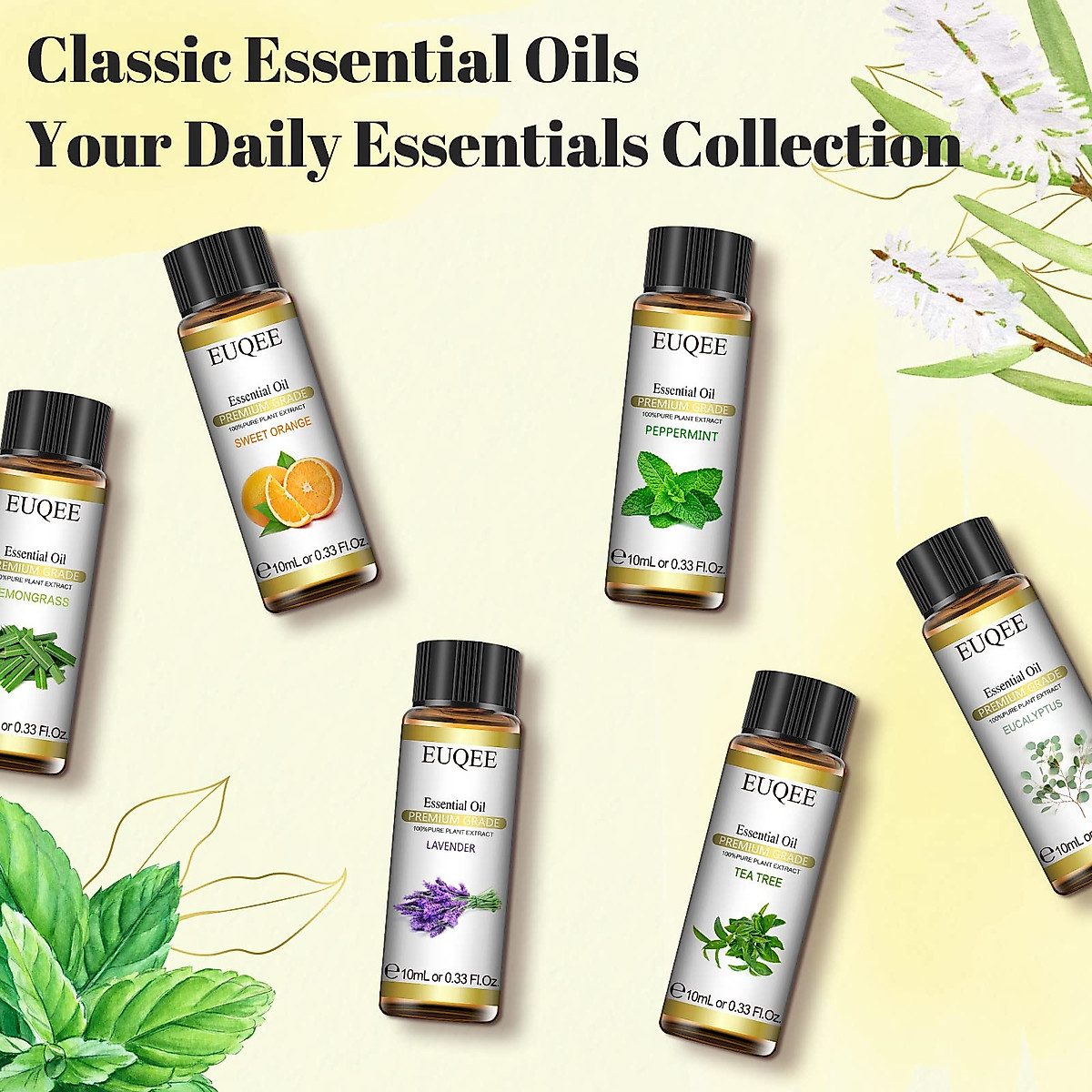 EUQEE Classic Essential Oil Set of 6 Pure Essential Oil Gift Set for Diffusers, Soap Candle Making - Lavender, Eucalyptus, Peppermint, Tea Tree, Sweet Orange, Lemongrass Aromatherapy Oils -10ml