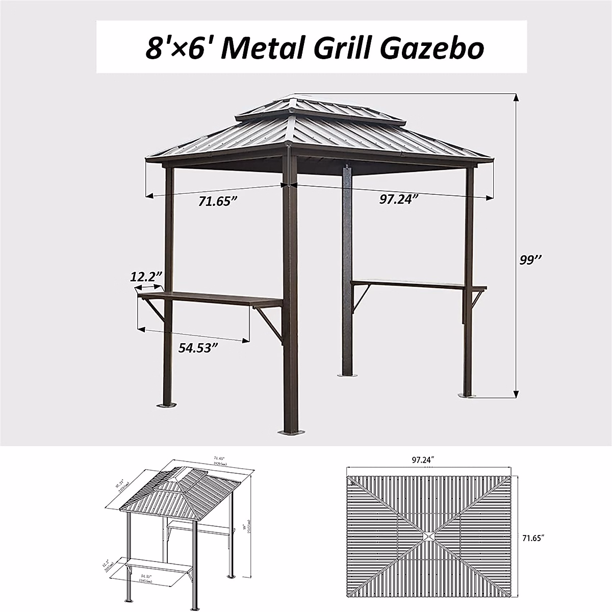 8'X6' Grill Gazebo Hardtop, Steel Grill Gazebo with Two Shelves Serving Tables, Permanent Double Roof Hard Top Gazebo, Heavy Duty Aluminum BBQ Gazebo for Patio, Deck, Backyard and Garden (Brown)
