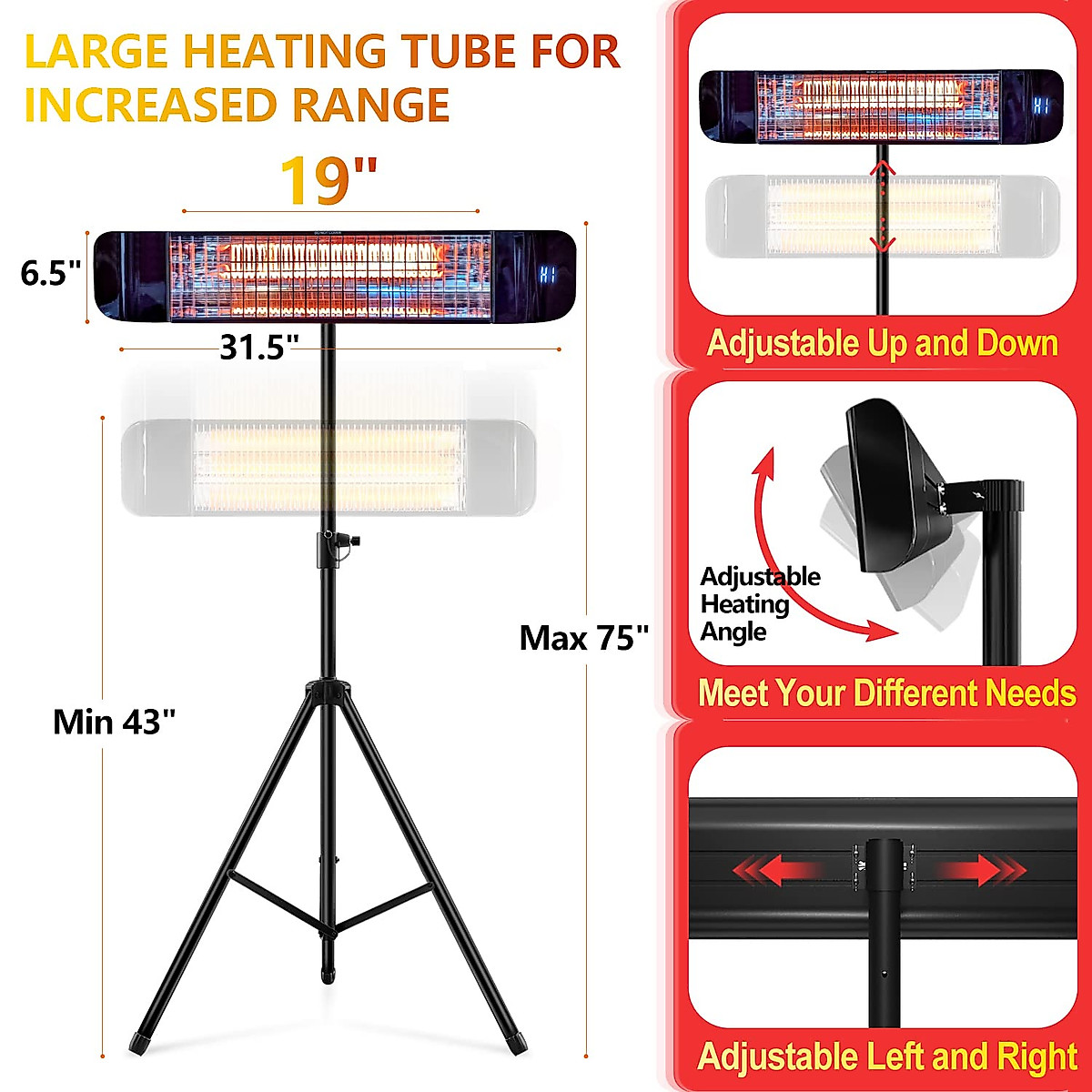 Paraheeter Electric Outdoor Heater, Infrared Patio Heater for Outdoor/Indoor Use, Wall Mounted/Ceiling/Tripod Infrared Heater Outdoor, 1500W Electric Patio Heater, CSA certificate.