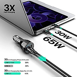 WOTOBEUS 95W USB C Car Charger Adapter PD 65W PPS 45W+30W+18W Super Fast Charging Type-C LED Cigarette Lighter for iPhone 14 13 12 Pro Plus Max Samsung Galaxy S23/22/21 Ultra iPad MacBook Laptop Pixel