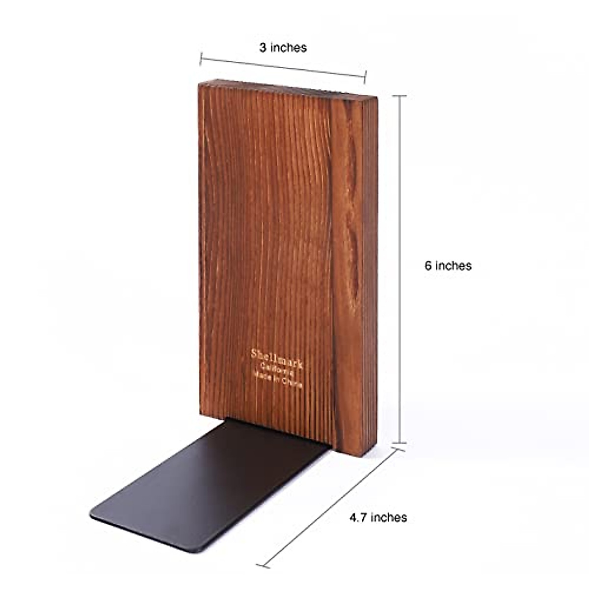 SHELLMARK Wood Bookends, Home Office Book Stand, Heavy Metal Base (Carbonized Brown)