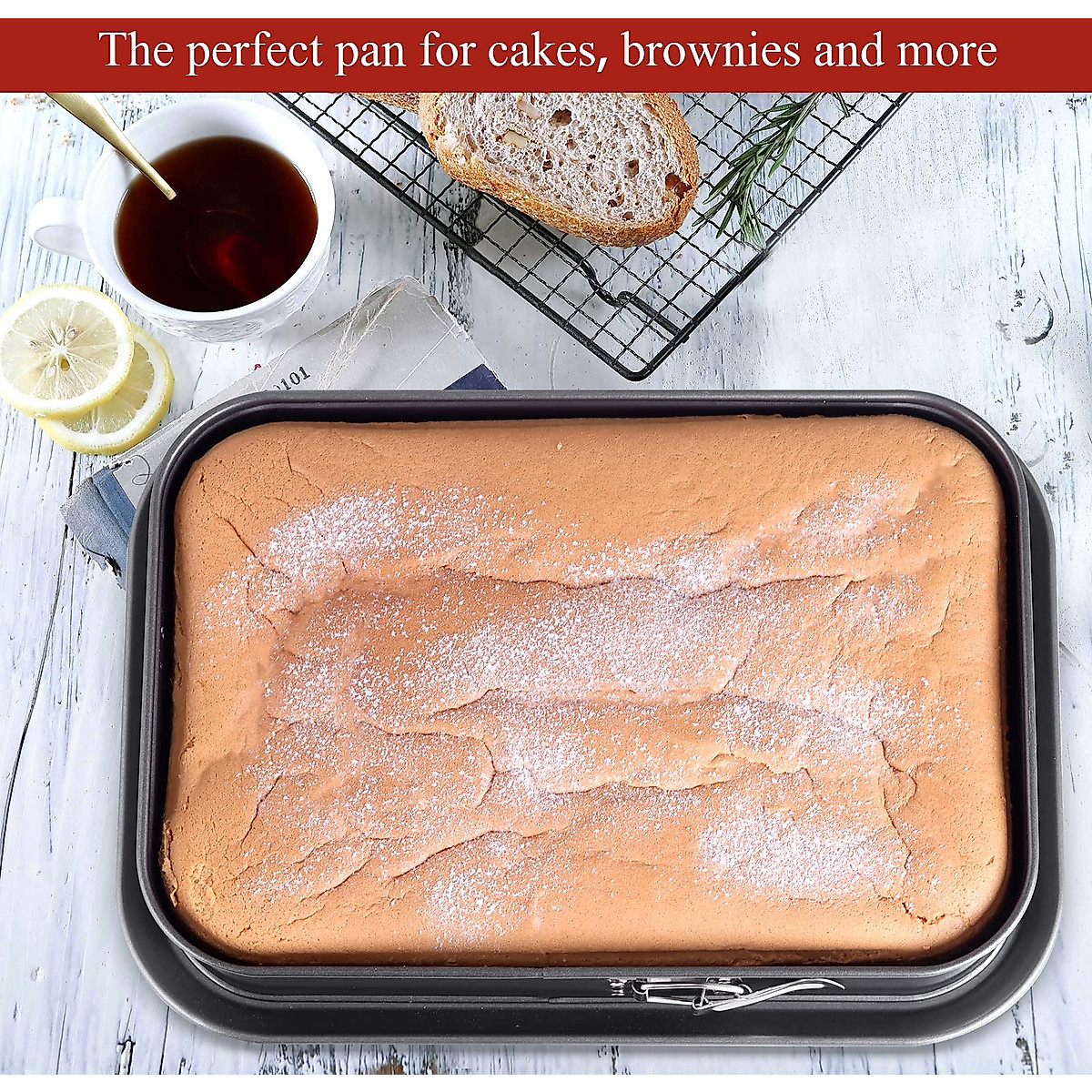 Kenond Large Springform Cake Pan, 14 x 11-Inch Rectangle Cheesecake Pan, Tiramisu Bakeware with 50Pcs Wax Paper, 3Pcs Spatula Set, Non-Stick Baking Pan Mold Leakproof
