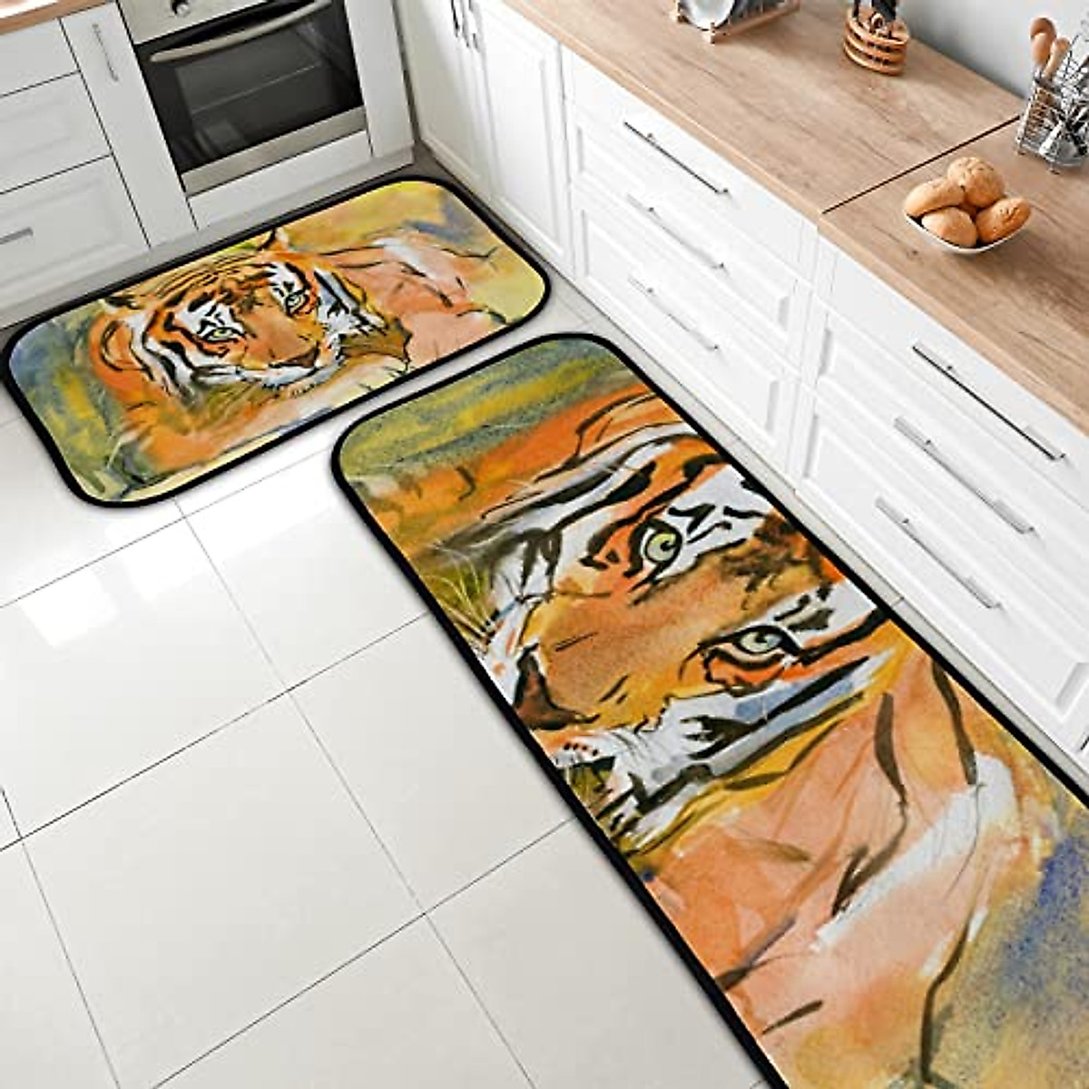 Vantaso Kitchen Floor Mat Rug Siberian Tiger Watercolor Set of 2 Cushioned Non-Slip Comfort Runner Rugs