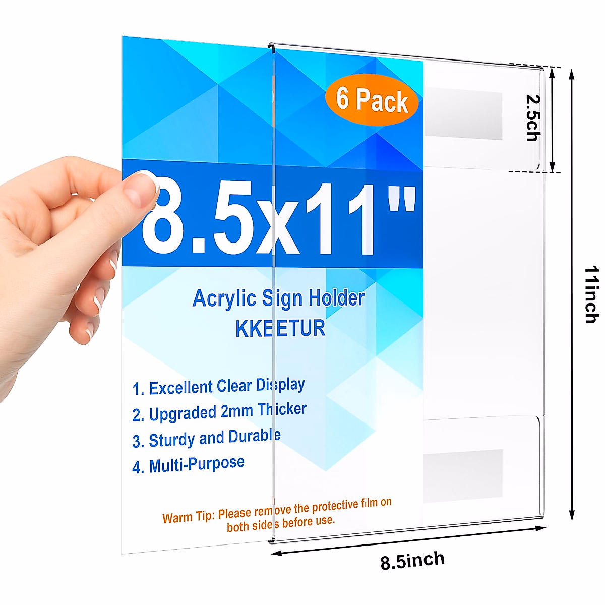 KKEETUR Acrylic Sign Holder 8.5 X 11 Wall Mount, 6 Pack Plexiglass Clear Wall Sign Holder, Premium Frame Plastic Door Sign Holders with 12 Pcs Double Sided Tape Adhesive (No Drilling)