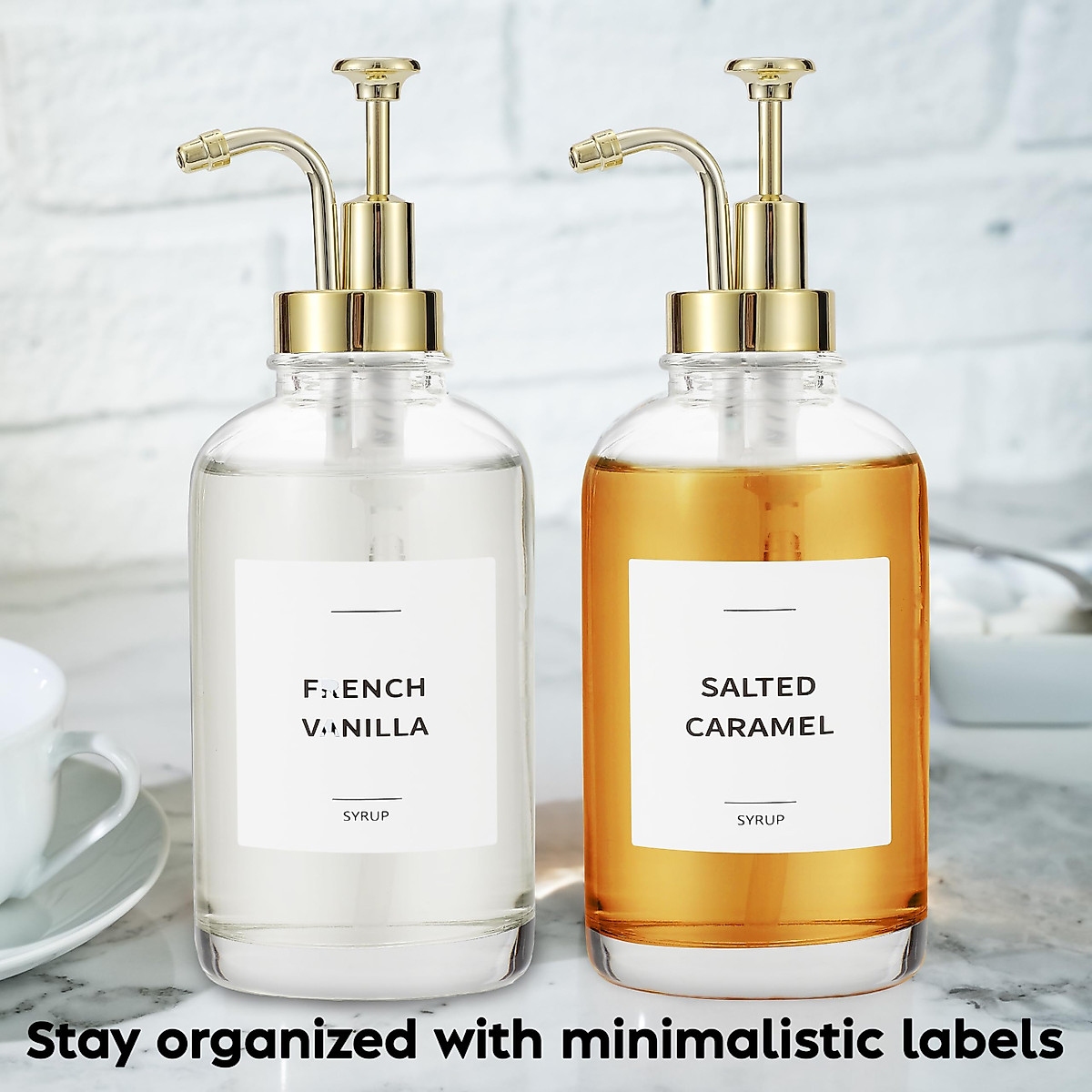 Spaceneat Coffee Syrup Dispenser for Coffee Bar - Coffee Syrup Pump Dispenser - Coffee Syrup Bottles for Coffee Bar Accessories with Coffee Syrup Labels - Glass Syrup Dispenser Bottle - Gold, 2-Pack