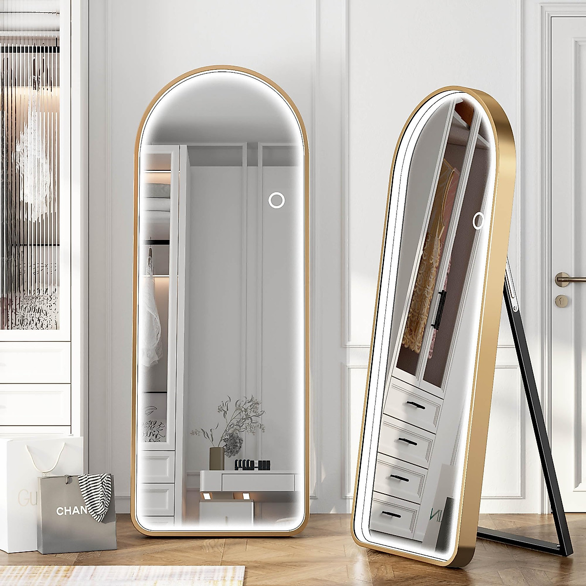Wellynap 64"x21" LED Mirror Full Length Dressing Mirror, Arched Full Length with Stand, Gold Floor Mirror Freestanding, Modern Simple Home Decor for Bedroom Living Room (Gold)