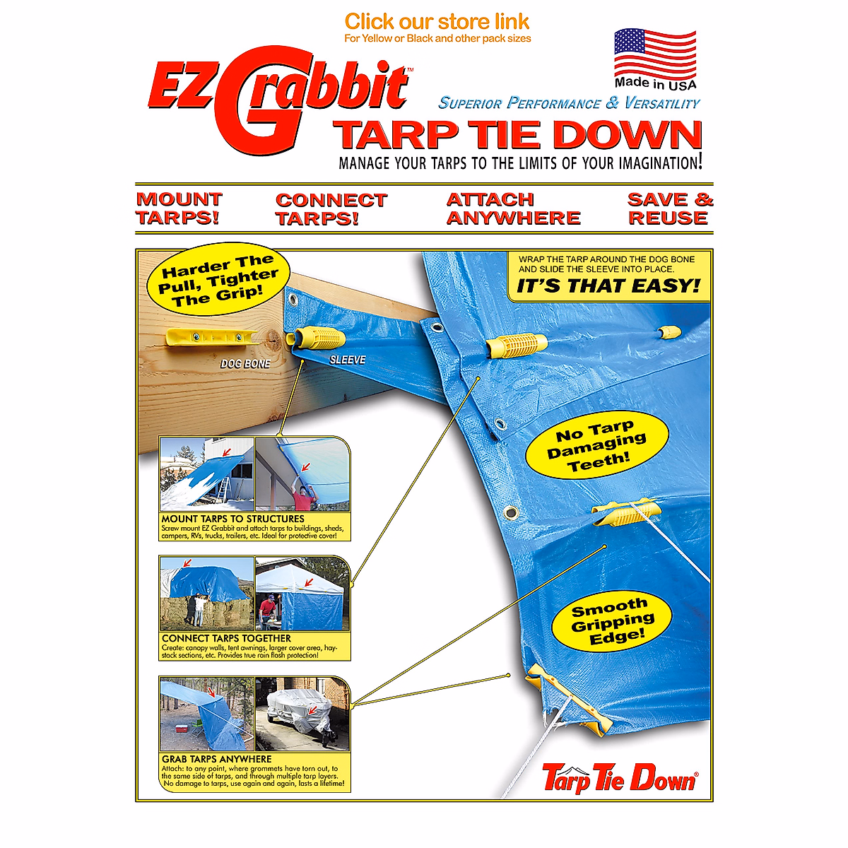 EZ Grabbit Tarp Tie Down (12-Pack) (Yellow) - Welcome to A New Standard! - Tarp Clip Clamp Holder Tie-Off Cinch Fastener accessory for Wall Tent Boat Pool Cover Canopy Hay Cargo Camping Storage Canvas