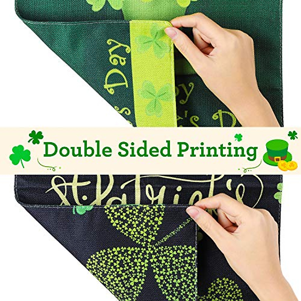 WATINC 2Pcs Happy St. Patrick's Day Garden Flag Burlap Double Sided Clover House Flags Shamrock Indoor Home Flag with Green Hat Pattern Outdoor Three Leaves Decor Flag for Celebration 18.3 x 12.4 In