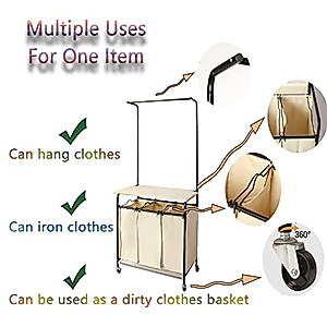 Laundry Sorter Cart with Ironing Board 3-Section Laundry Hamper and Hanging Bar Clothes Rack Heavy-Duty Rolling Laundry Cart with 3 Removable Bags