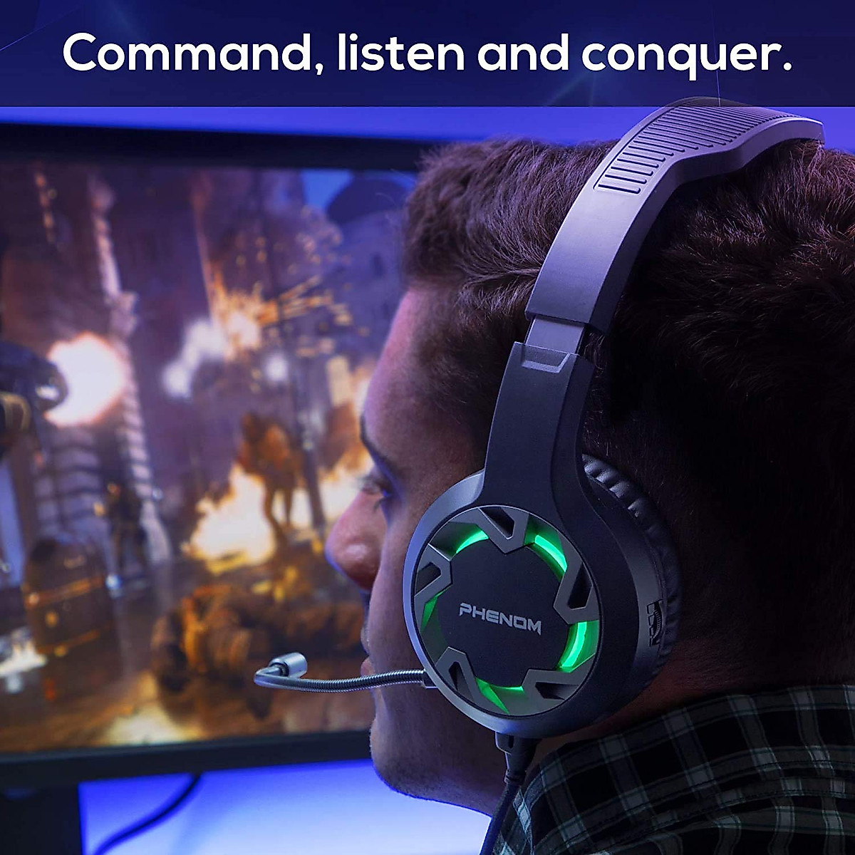 Phenom EXPO3 Stereo Gaming Headset for PS4, Xbox, Tablet or Smartphone, Noise Cancelling Headphones with Boom Mic and LED Glow Lights (Green)