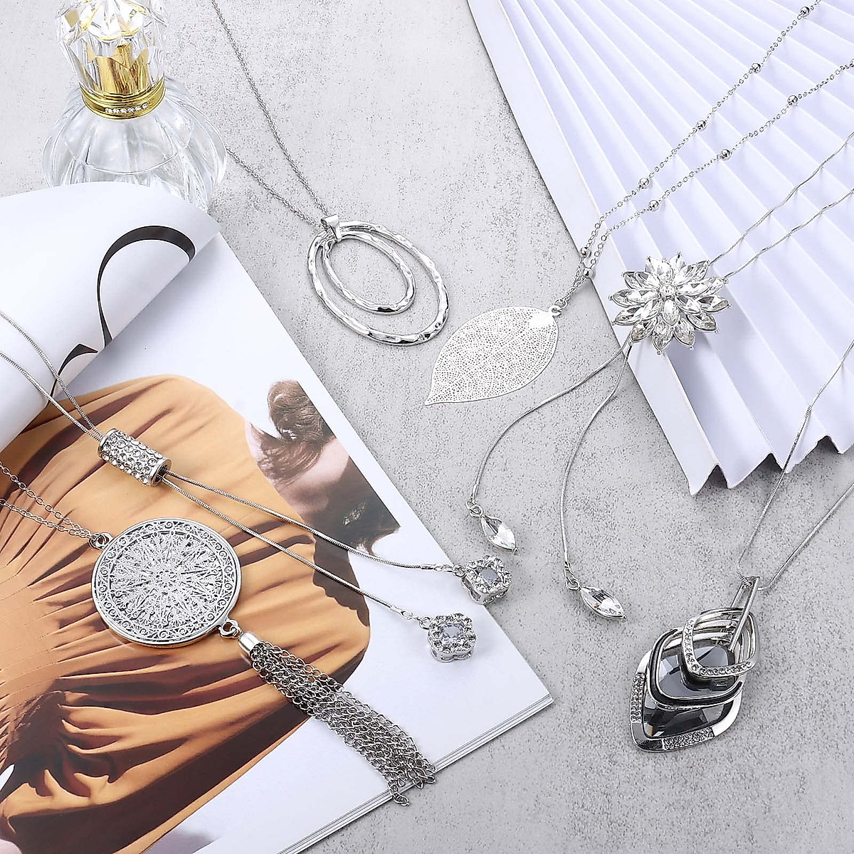 Jstyle 6Pcs Long Pendant Necklaces for Women Long Sweater Necklaces Silver Flower Tassel Disk Circle Leaf Statement Sweater Chain Necklace for Women Y Necklace Set Fashion Jewelry C