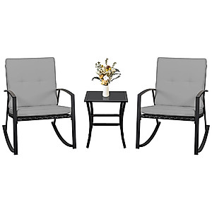 Walsunny 3 Pieces Patio Set Outdoor Wicker Patio Furniture Sets Modern Rocking Bistro Set Rattan Chair Conversation Sets with Coffee Table (Grey)