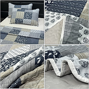 VIVILINEN Queen Size Quilt Set Grey Patchwork Floral Plaid Reversible Quilted Bedspread Coverlet 3-Piece Lightweight Comforter Stitched Bedding Set Bed Sheet Set Cover Blanket with 2 Pillow Shams