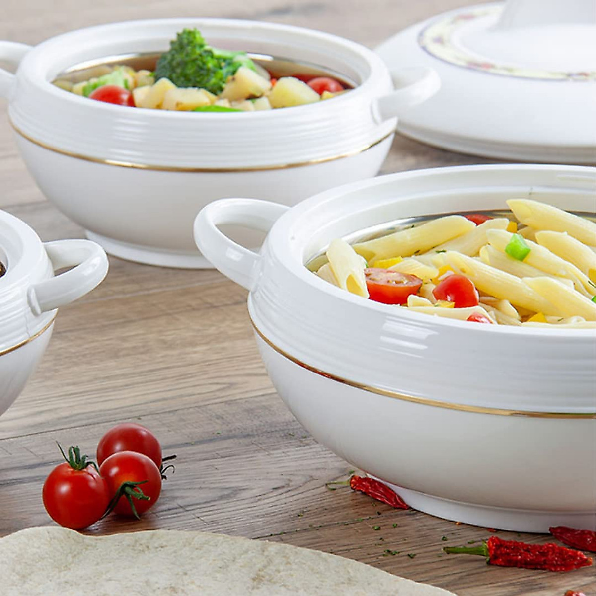 Tmvel Ambient Insulated Casserole Hot Pot Hot Pack Food Warmer 3 Pieces Set (Beige) 1.6 L, 2.5 L, 3.5 L