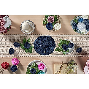 H.FLOLAVIDA Navy Blue Foam Rose Artificial Flowers Heads with Stems, 25pcs Fake Flowers for DIY Wedding Decor, Baby Shower, Bridal Shower, Wedding Bouquet,Party Centerpiece Table Decorations, 1 box