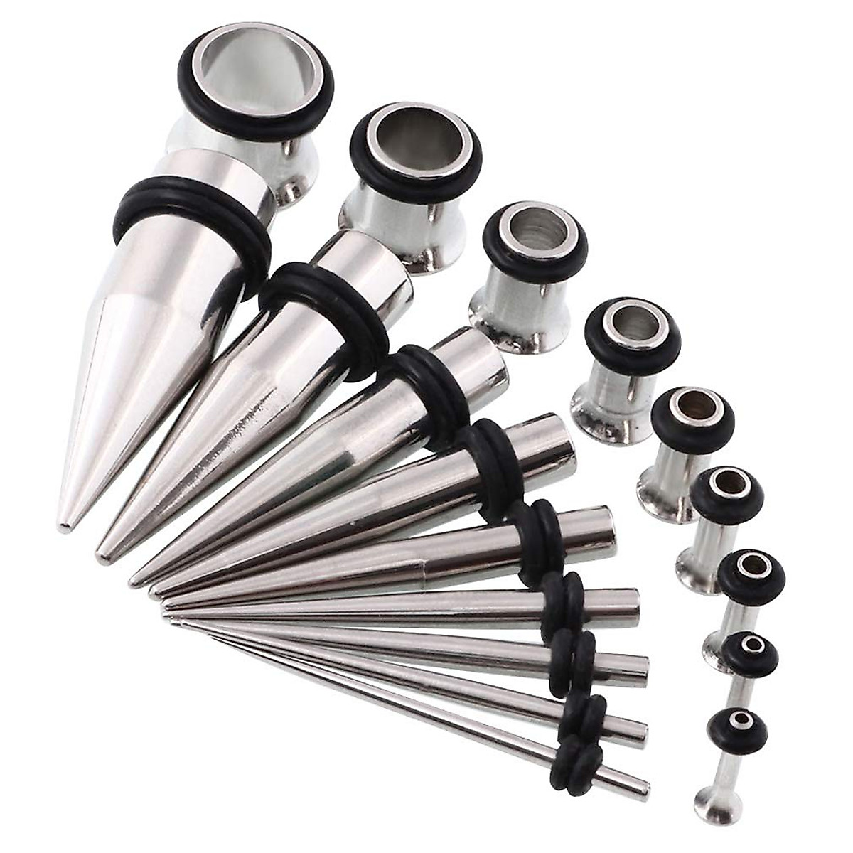 CABBE KALLO 36pcs Ear Stretching Kit Tapers Gauges Set Stainless Steel 14G-00G Plugs and Tunnels Expanders for Women Men Body Piercing Jewelry, Silvertone