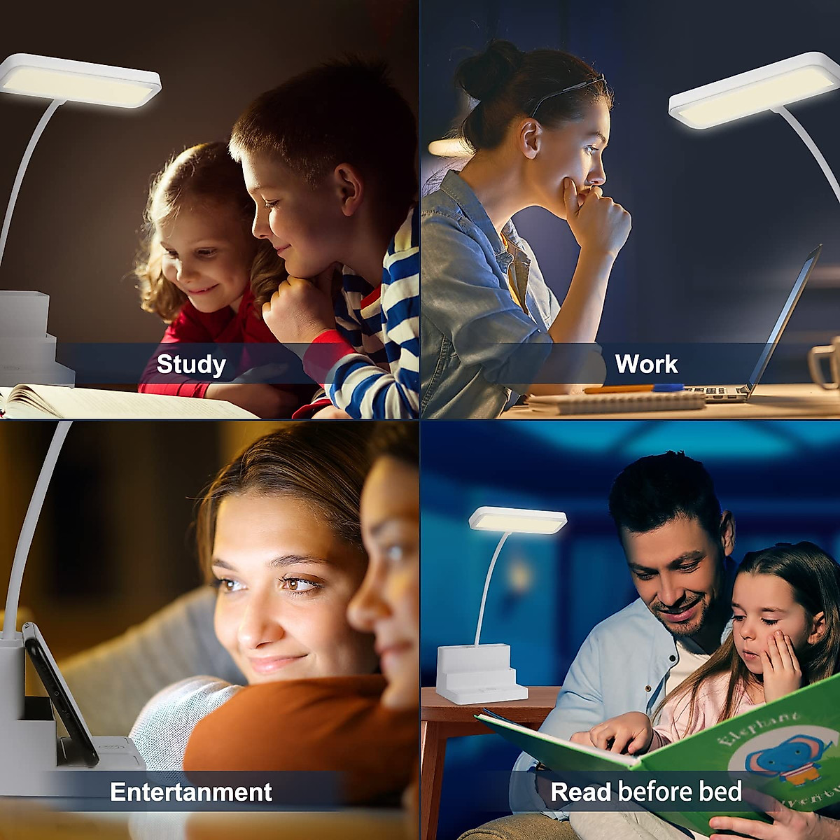 Small LED Desk Lamp with Pen/Phone Holder Function, Rechargeable Desk Light with Flexible Gooseneck, 3 Color Modes, Stepless Dimming, Eye Caring, Small Study Lamp for Dorm, Bedroom (Max Height 14 IN )