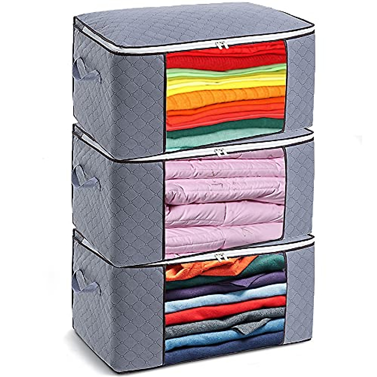 Clothing Storage Bag,3 Pack Large Capacity Clothes Storage Bag Organizer with Reinforced Handle Thick Fabric for Comforters,Storage Bin Blankets,Bedding,Foldable with Sturdy Zipper,Clear Window, 90L,Grey