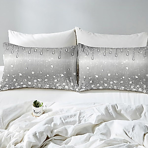 Geometric Ombre Stripes Fitted Sheet Full Size,Silver Glitter Sequin Diamond Bedding Set,Kids Girls Boys Adults Room Decor,Princess Dreamy Bed Cover,Gray Romantic Bed Sheet,2 Pillowcases