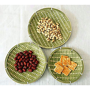 100% Handmade Bamboo Basket Weaving Serving Tray Set of 3 for Bread Food Snack Woven Wicker White Green Bamboo Basket Holder Traditional Decor 8inch 10inch 12inch 14inch 16inch (Green, Set of 3)