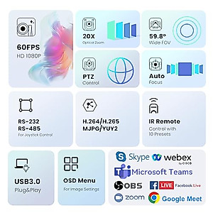 TONGVEO 20X Optical Zoom 60fps PTZ Camera Conference Room USB 1080P Camera System for Church Worship Services Meeting Online Learn, Works with Zoom, Skype OBS Easy to Set Up