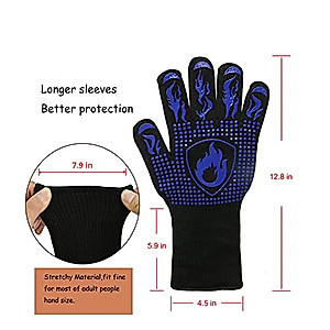 BBQ Gloves, 1472 Degrees Fahrenheit Heat-Resistant Barbecue Gloves Silicone Non-Slip Oven Gloves Long Kitchen Gloves for Grilling, Cooking, Baking, Frying, Winter Warmth (Flame Blue)