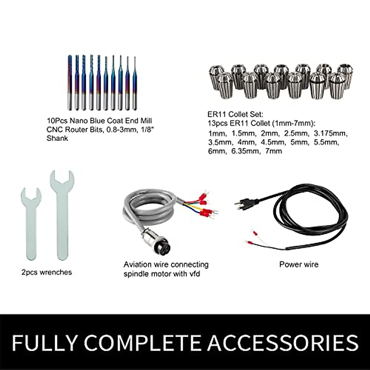 CNC Spindle Motor Kits, 110V 800W 0.8KW Air Cooled Spindle CNC Spindle +110V 0.75KW VFD+Φ65mm Clamp Mount +Collet Set ER11+ Drill bits+ Wires+ Wrenches for CNC Router Machine