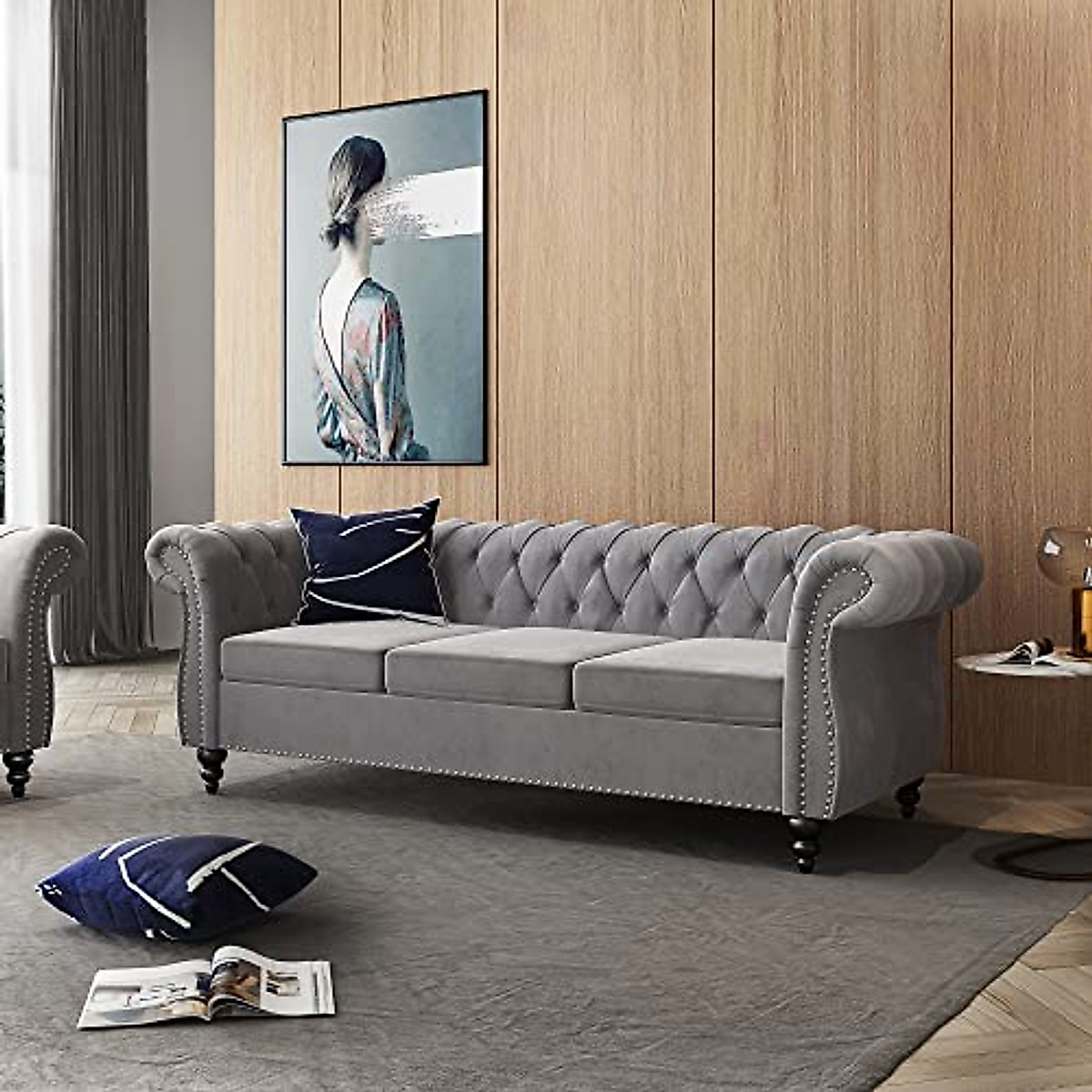 NOSGA Large Sofa, Modern 3 Seater Couch Furniture, Three-seat Sofa Classic Tufted Chesterfield Settee Sofa Tufted Back for Living Room