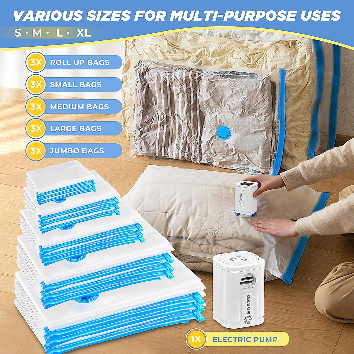 Saker Vacuum Storage Bags with Electric Pump, Space Bags Vacuum Storage Bags, 2-in-1 Pumping and Inflation, 15 Pack (3 Jumbo,3 Large,3 Medium,3 Small,3 Roll Up Bags) for Clothes, Bedding, Travel