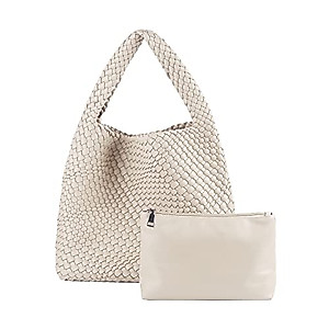 LMKIDS Women Vegan Leather Hand-Woven Tote Handbag Fashion Shoulder Top-handle Bag All-Match Underarm Bag with Purse (Beige)