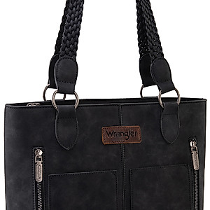 Wrangler Tote Bag for Women Multi Pockets shoulder bag western purse Medium leather like Handbags with Woven Top-Handle WG78-G8317BK