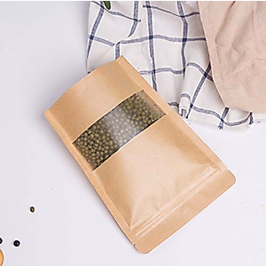 Kingrol 300 Pack 3.5 x 5.5 Inch Mini Kraft Paper Bags with Resealable Lock Seal Zipper &Transparent Window, Stand Up Food Bags