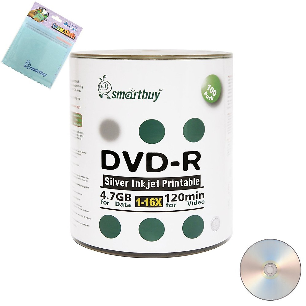 Smartbuy 100-disc 4.7GB/120min 16x DVD-R Silver Inkjet Hub Printable Blank Media Disc + Free Micro Fiber Cloth