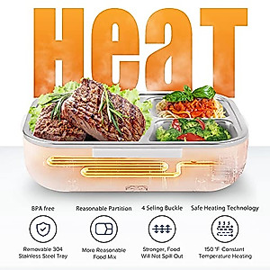 Electric Lunch Box Food Heater, Portable Food Warmer 12V/24V for Car/Truck,110V for Work Home Heated Lunch Box for Adults, Removable 304 Stainless Steel Container, Fork, Spoon, and Carry Bag