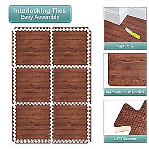 Sorbus 48Sq. Ft. Wood Grain Floor Tiles Foam Mat EVA Interlocking Mats Tile 3/8-Inch Thick Flooring Wood Puzzle Exercise Mats w/Borders - Home Playroom Basement, Apartment, Trade Show, Baby, Dance