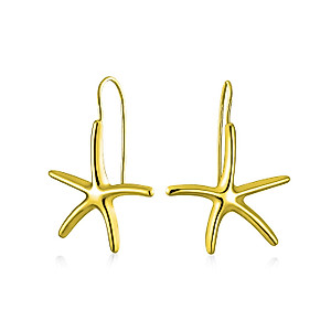 Fashion Nautical Tropical Beach Large Starfish Dangle Drop Threader Earrings For Women Fish Hook Wire 14K Gold Plated