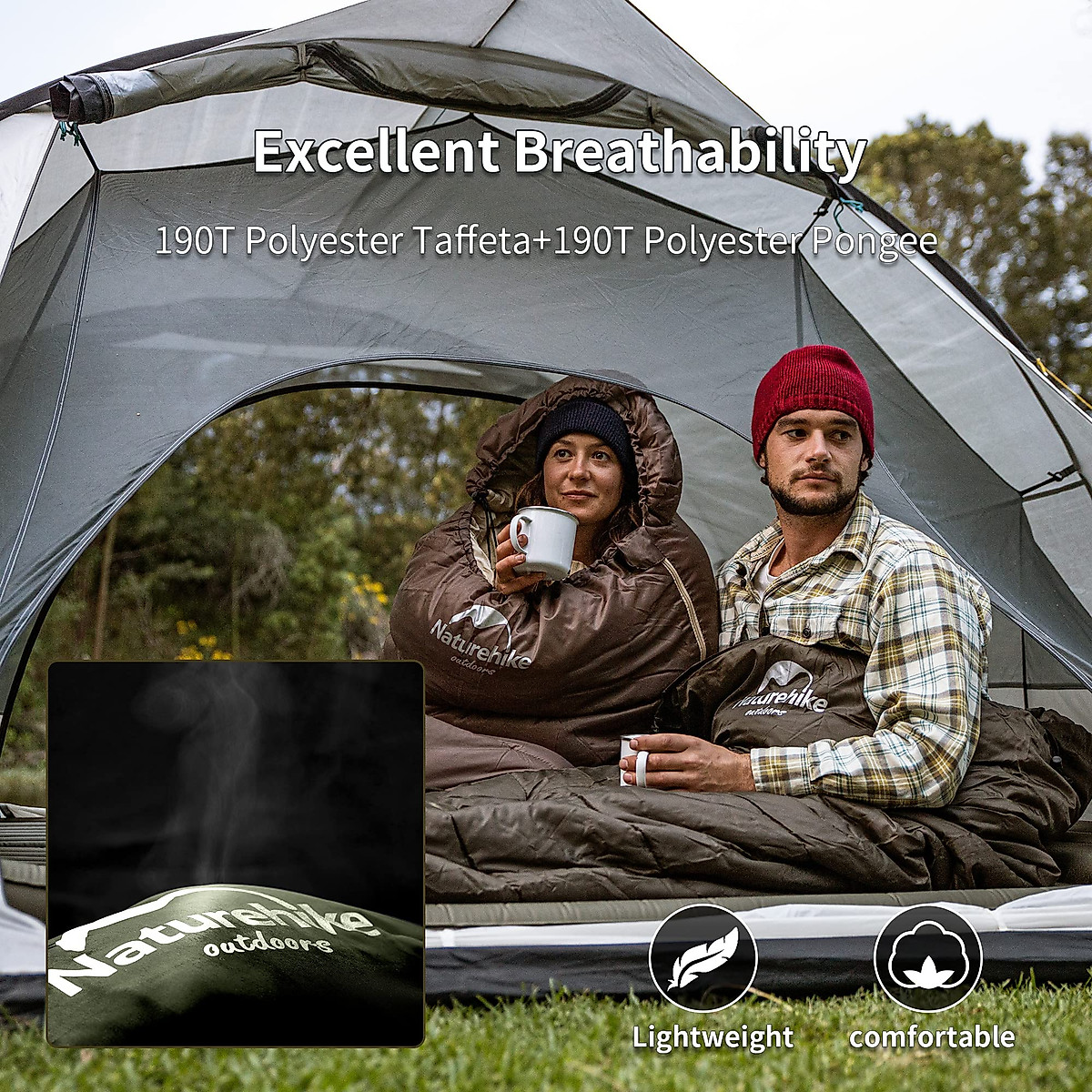 Naturehike Outdoor Camping Portable Hollow Cotton Square Sleeping Bag Winter Single Thick Cotton Sleeping Bag with Cap (Army Green, U150)