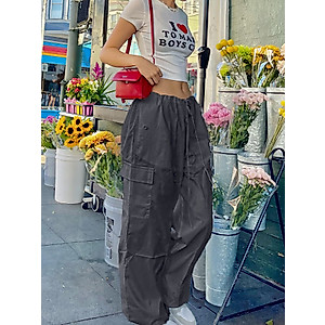 LQI Parachute Pants for Women Y2K Baggy Cargo Pants Drawstring Trousers Low Rise Loose Jogger Sweatpants Grey